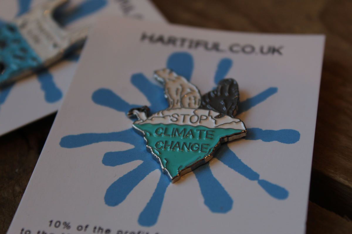 Enamel pin badges ~ Climate Change ~ By Hartiful – UnSealed, Clacton-on-Sea